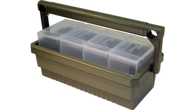 MTM SHOTSHELL BOX CADDY W/ 4 SS25 RND CLEAR SHOTSHELL BOXES